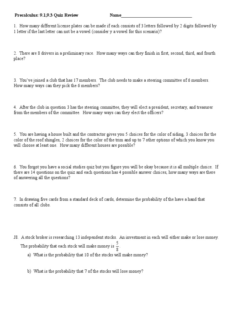 Precalculus: 9.1,9.3 Quiz Review Name | PDF | Leisure