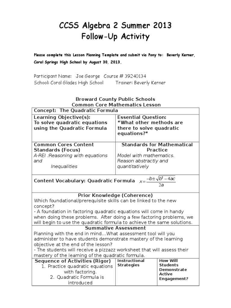 Quadratic Formula Lesson Plan Template | PDF | Quadratic Equation | Algebra