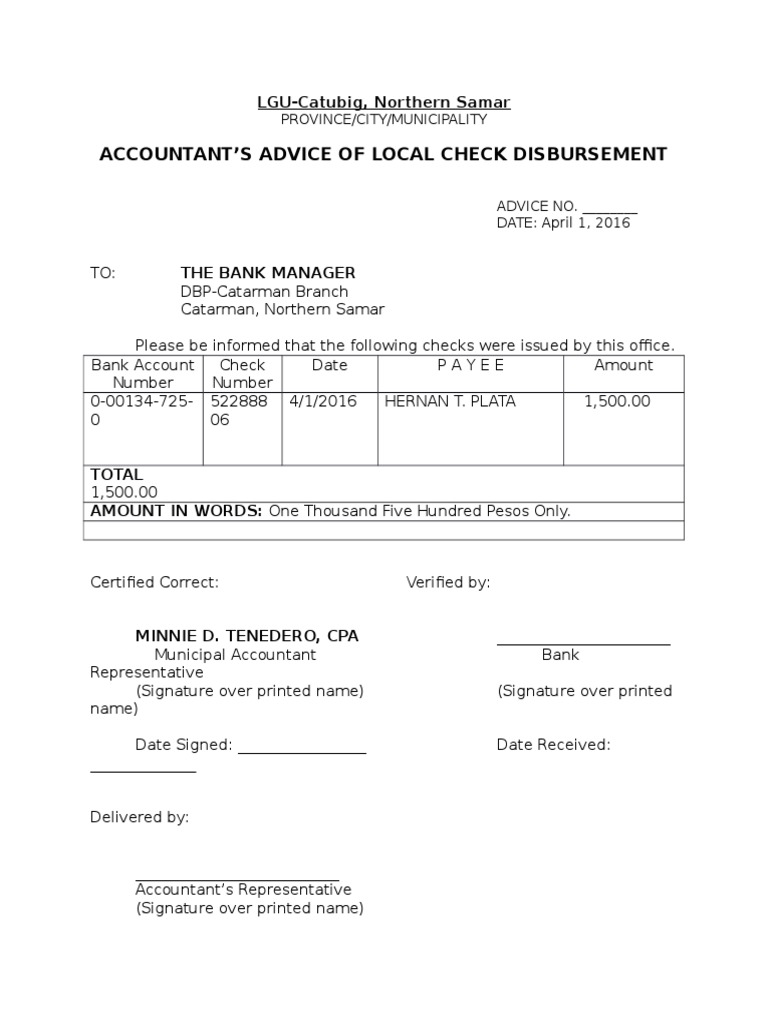 Accountant'S Advice of Local Check Disbursement: LGU-Catubig, Northern ...