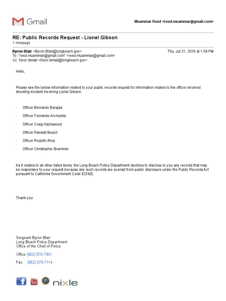 RE: Public Records Request Lionel Gibson: 1 Message | PDF