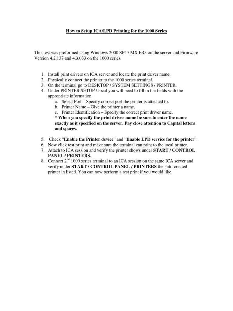 How To Setup ICA/LPD Printing For The 1000 Series | PDF