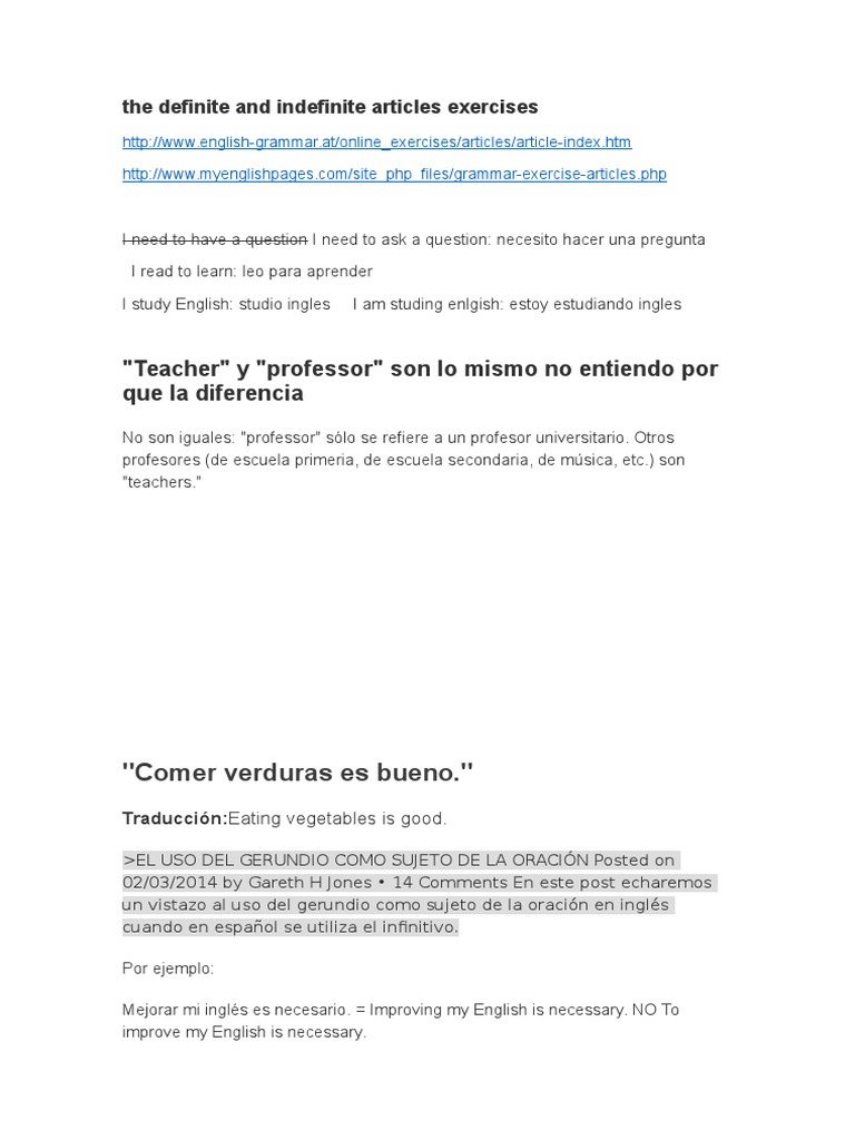 The Definite and Indefinite Articles Exercises | PDF | Verbo | Asunto ...