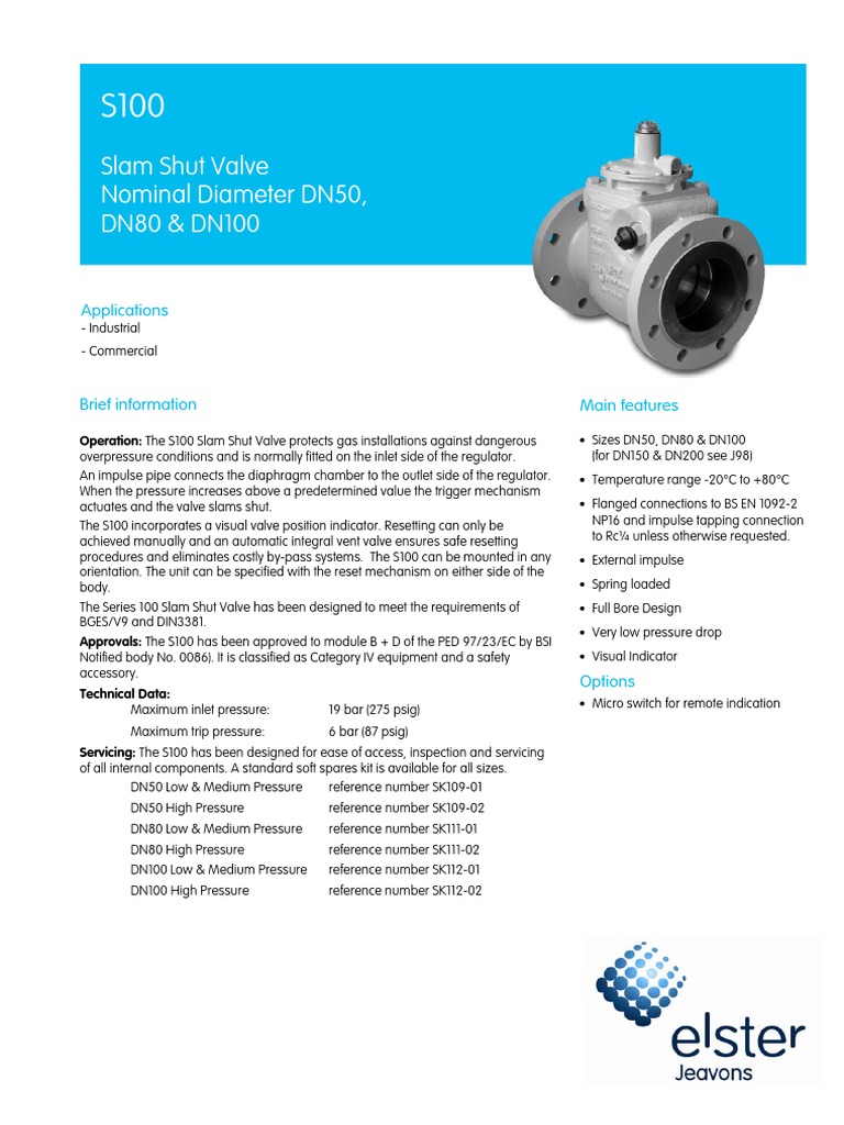 S100 Slam Shut Valve Specifications | PDF | Valve | Mechanical Engineering