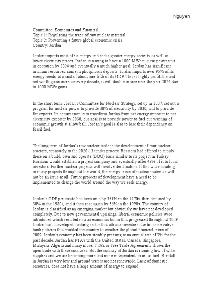 Model UN Jordan Position Paper | PDF | Jordan | Nuclear Power