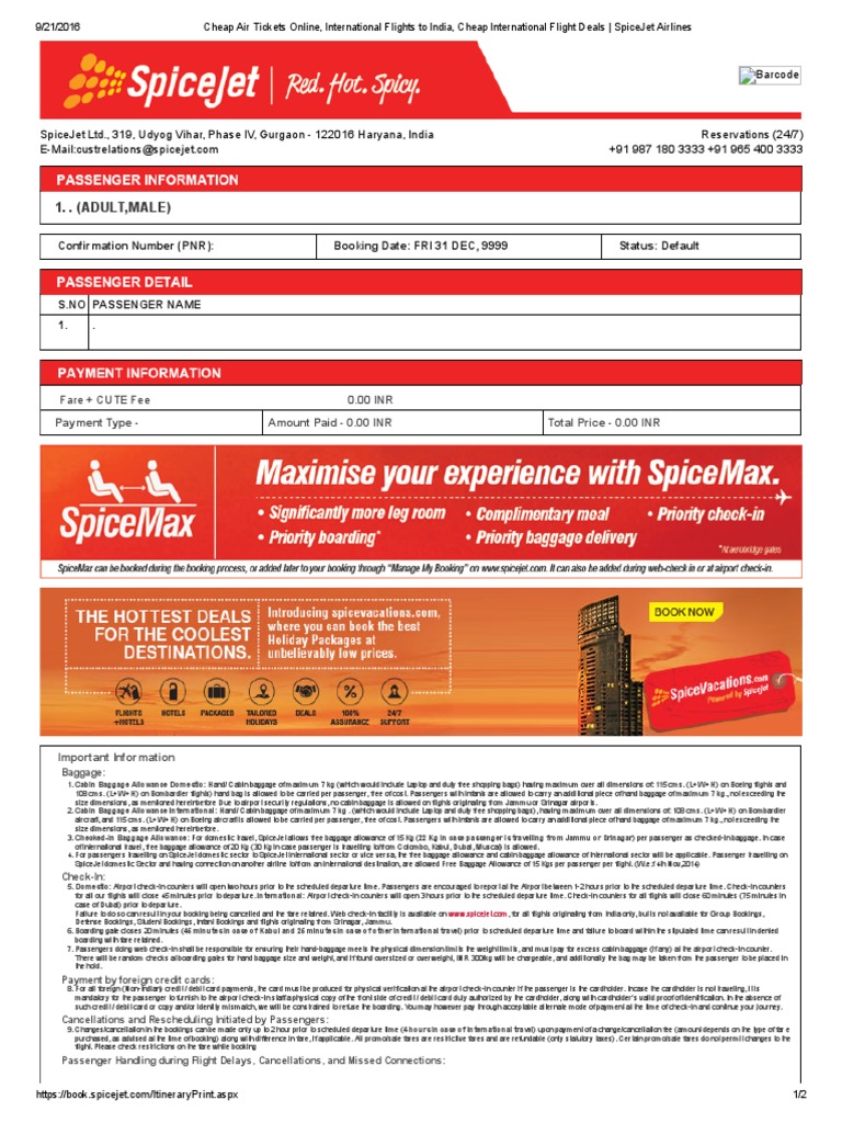 Spicejet Ticket Identity Document Baggage