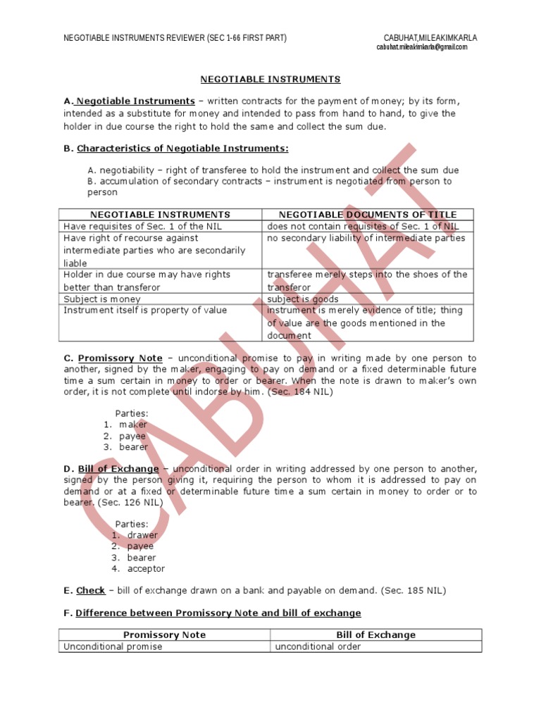 Negotiable Instruments Part 1 - REVIEWER | PDF | Negotiable Instrument ...