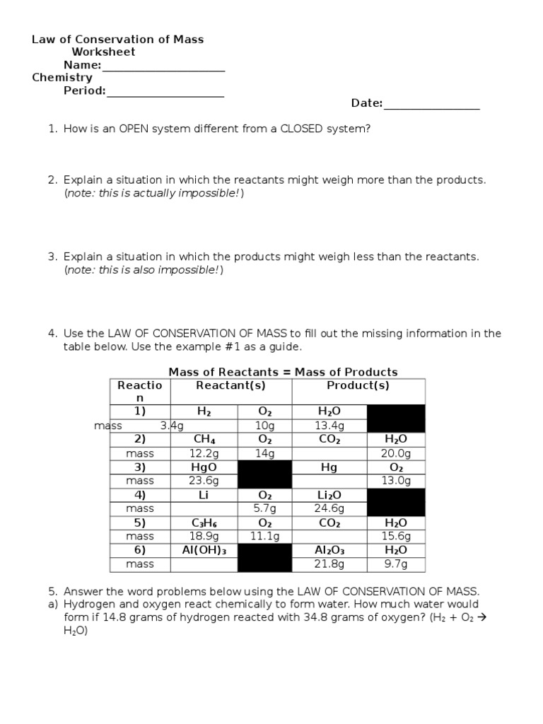 Worksheet - Law of Conservation of Mass | PDF | Science & Mathematics ...