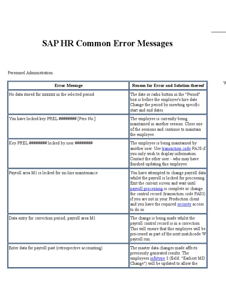 SAP HR Common Error Messages | PDF | Payroll | Payroll Tax