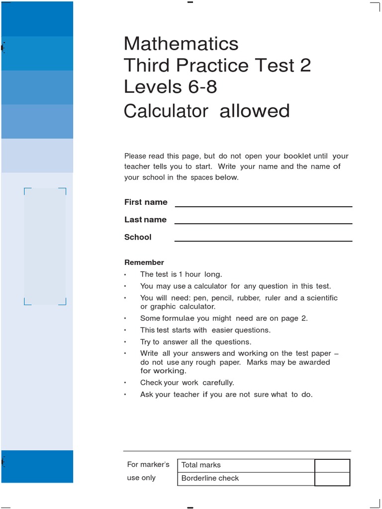 3rd Practice Test 2 Level 6-8 - With Calculator | PDF | Area | Angle