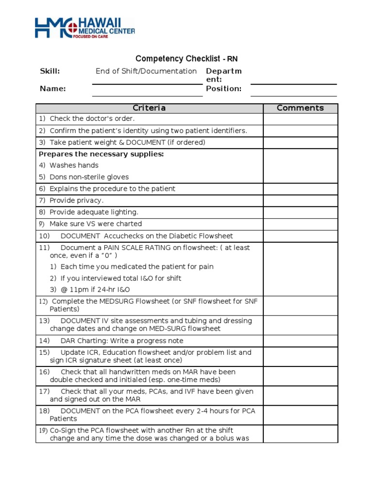 End of Shift Competency Checklist | Medicine | Health Care