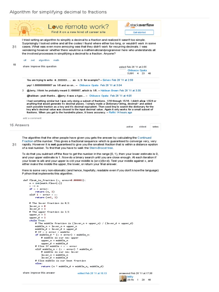 C Algorithm For Simplifying Decimal To Fractions Stack Overflow Pdf Decimal Fraction
