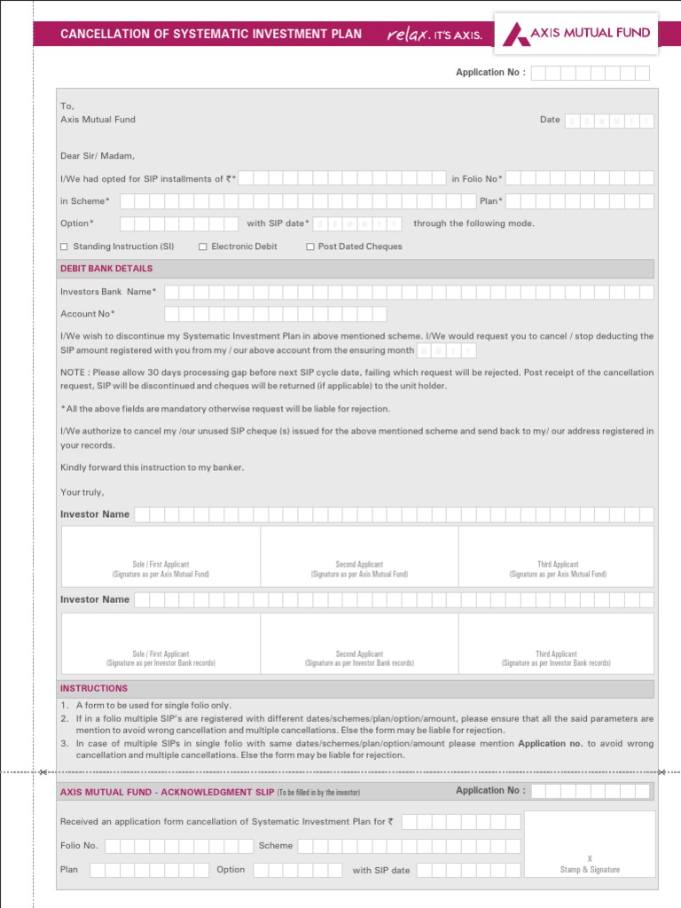 Axis Mutual Fund SIP Cancellation Form