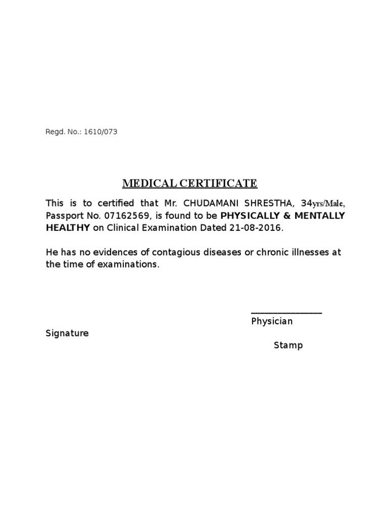 Medical Certificate: HEALTHY On Clinical Examination Dated 21-08-2016 | PDF