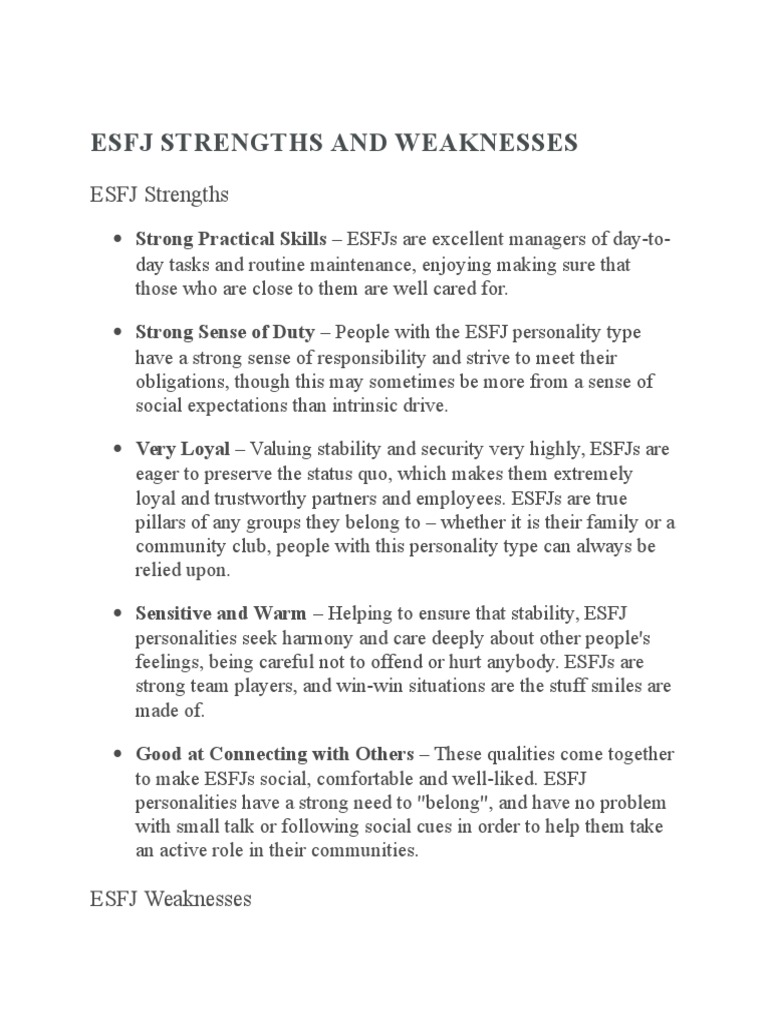 Esfj Strengths and Weaknesses | PDF | Personality Type | Love
