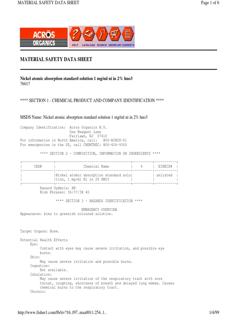 Nickel Atomic Adsorption MSDS PDF | PDF | Dangerous Goods | Nickel