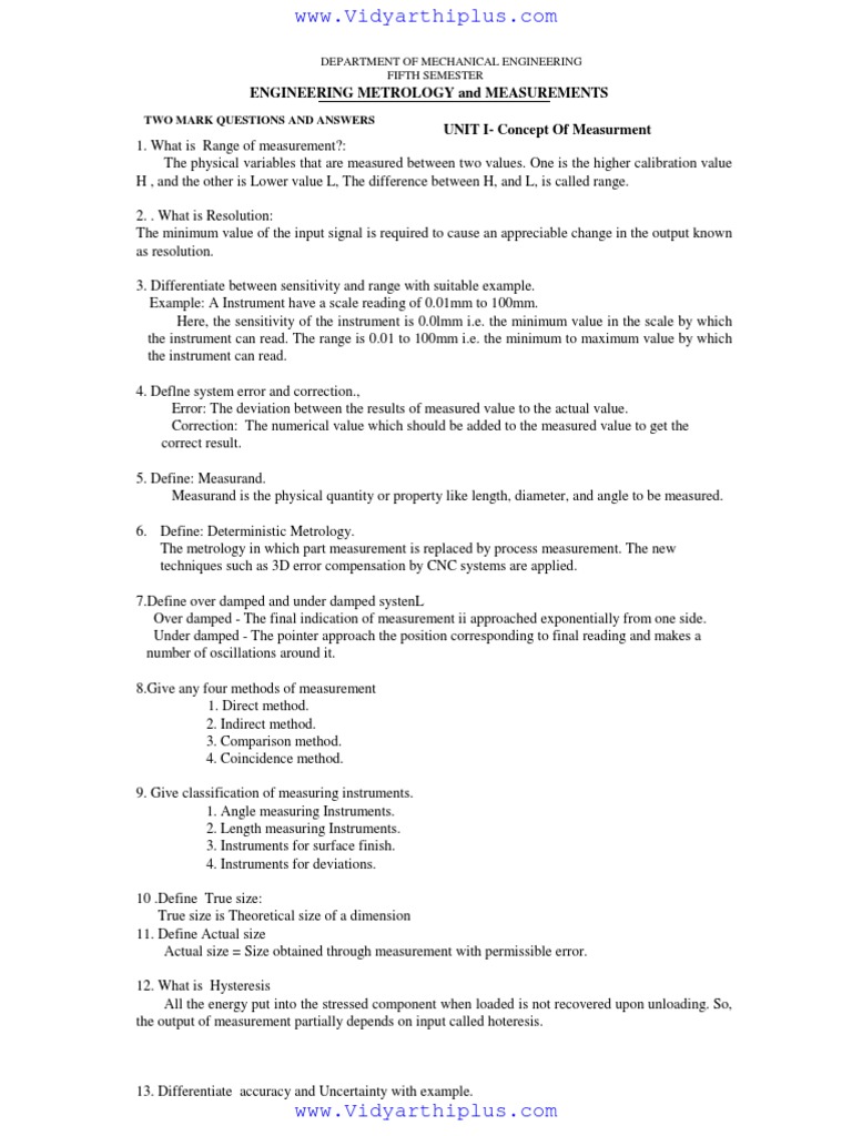 Engineering Metrology and Measurements-2-Marks | PDF | Gear | Interferometry