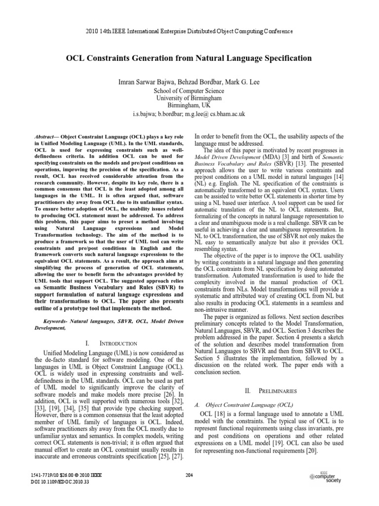 OCL Constraints Generation From Natural Language Specification | PDF | Conceptual Model ...