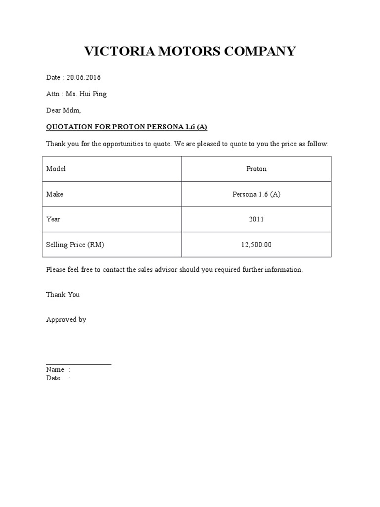 Victoria Motors Company - Quotation | PDF | Technology & Engineering