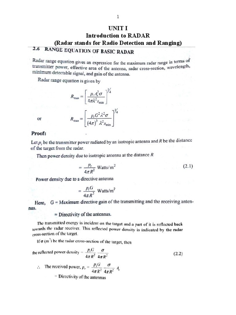 Unit I Introduction To RADAR (Radar Stands For Radio Detection and ...