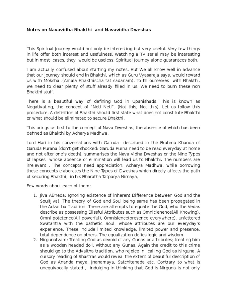 Notes On Navavidha Bhakthi and Navavidha Dweshas-1 | PDF | Bhakti | Krishna