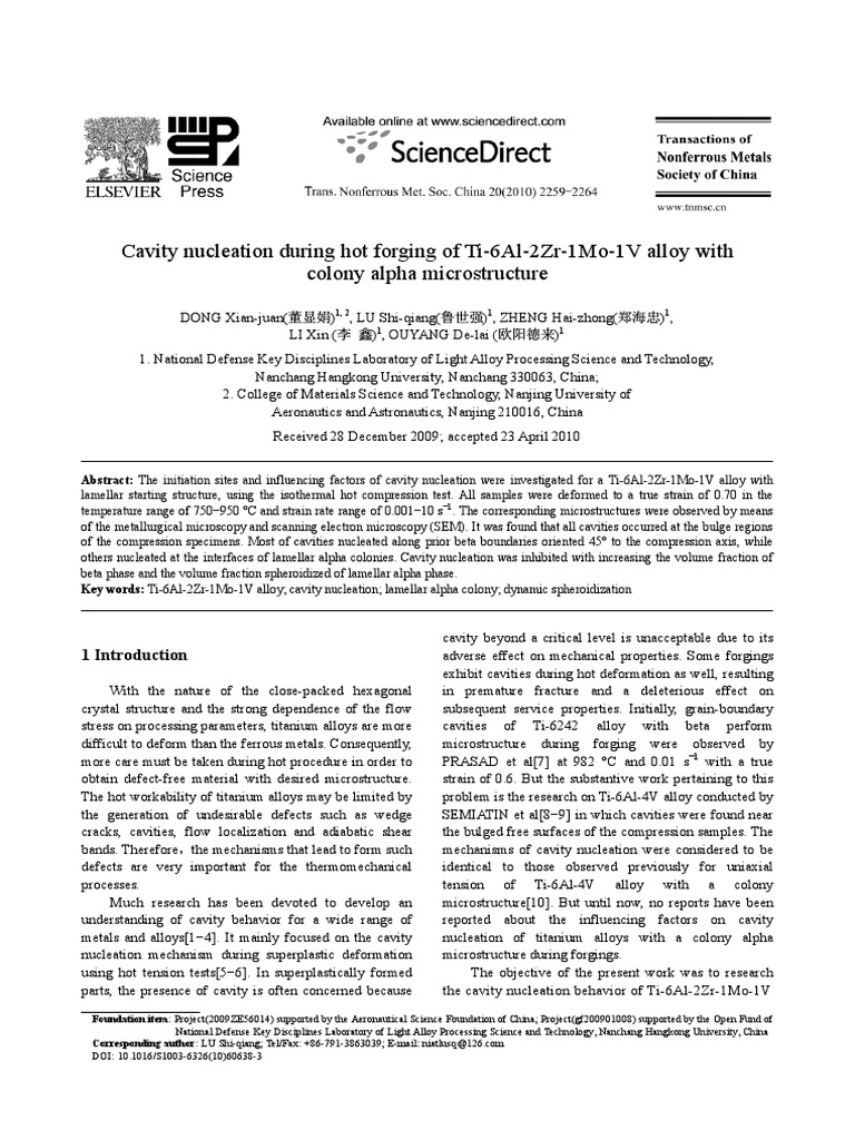 Cavity Nucleation During Hot Forging of Ti-6Al-2Zr-1Mo-1V Alloy | Download Free PDF ...