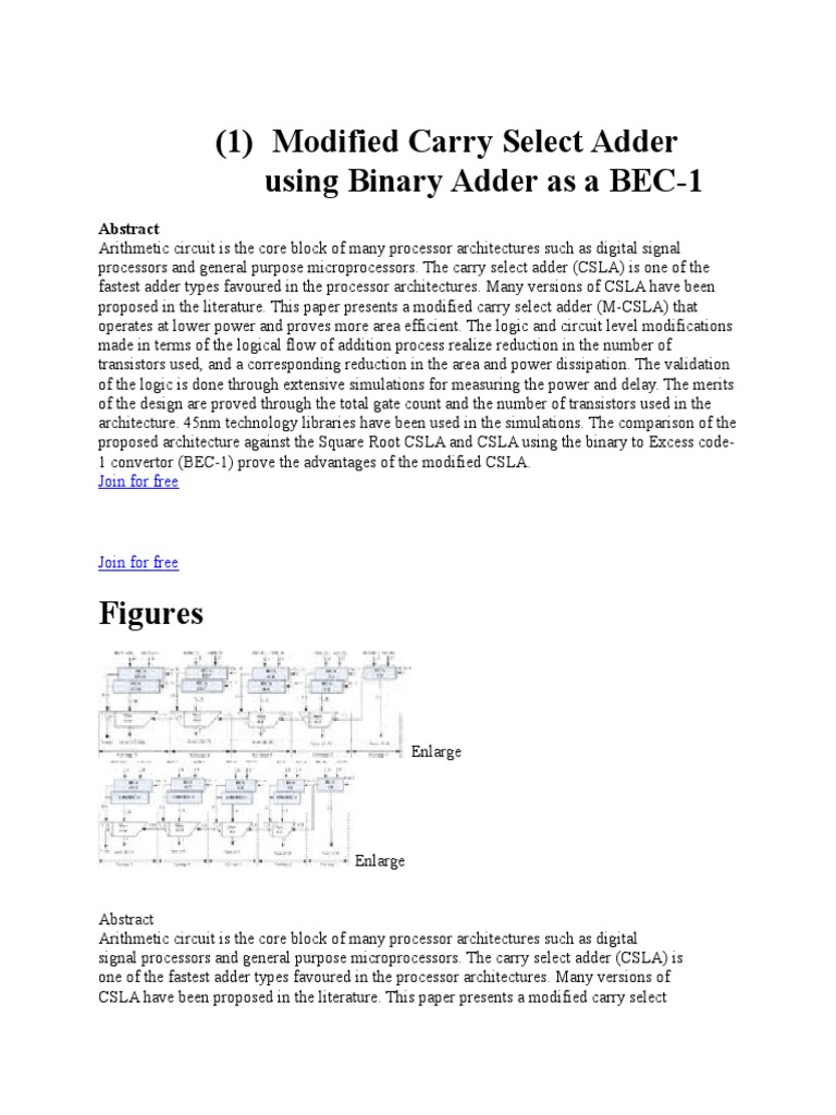 Modified Carry Select Adder Using Binary Adder As A BEC-1 | PDF
