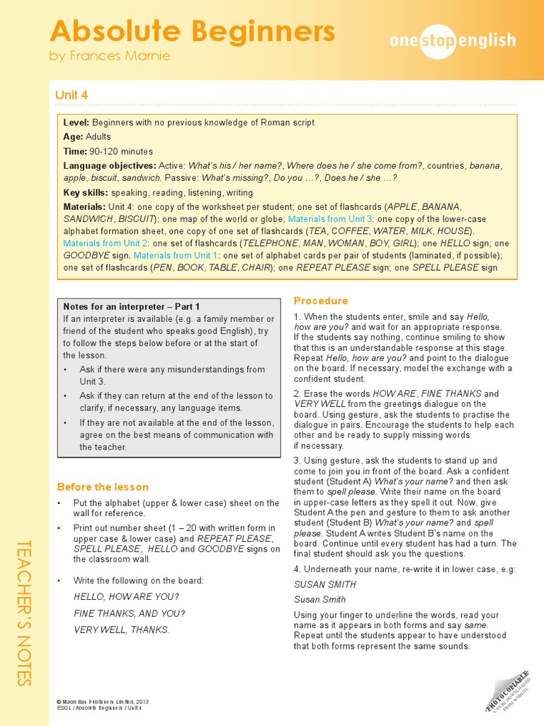 ESOL Absolute Beginners Unit 4 No Roman | PDF | Letter Case | Understanding