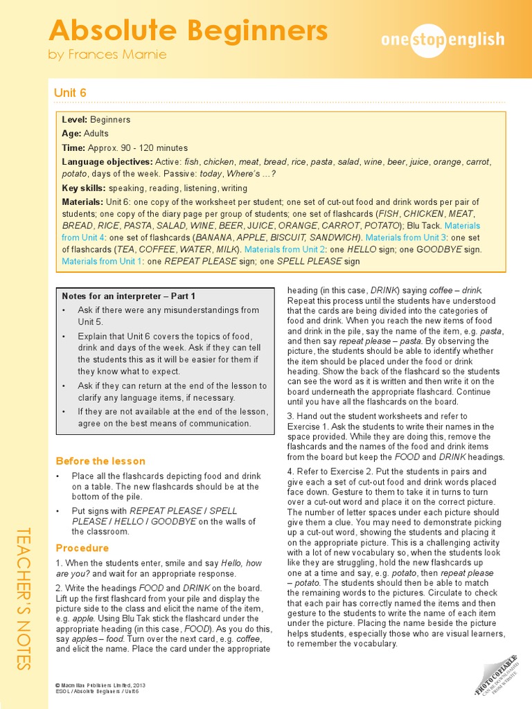 ESOL Absolute Beginners - Unit 6 PDF | PDF | Vocabulary | Drink