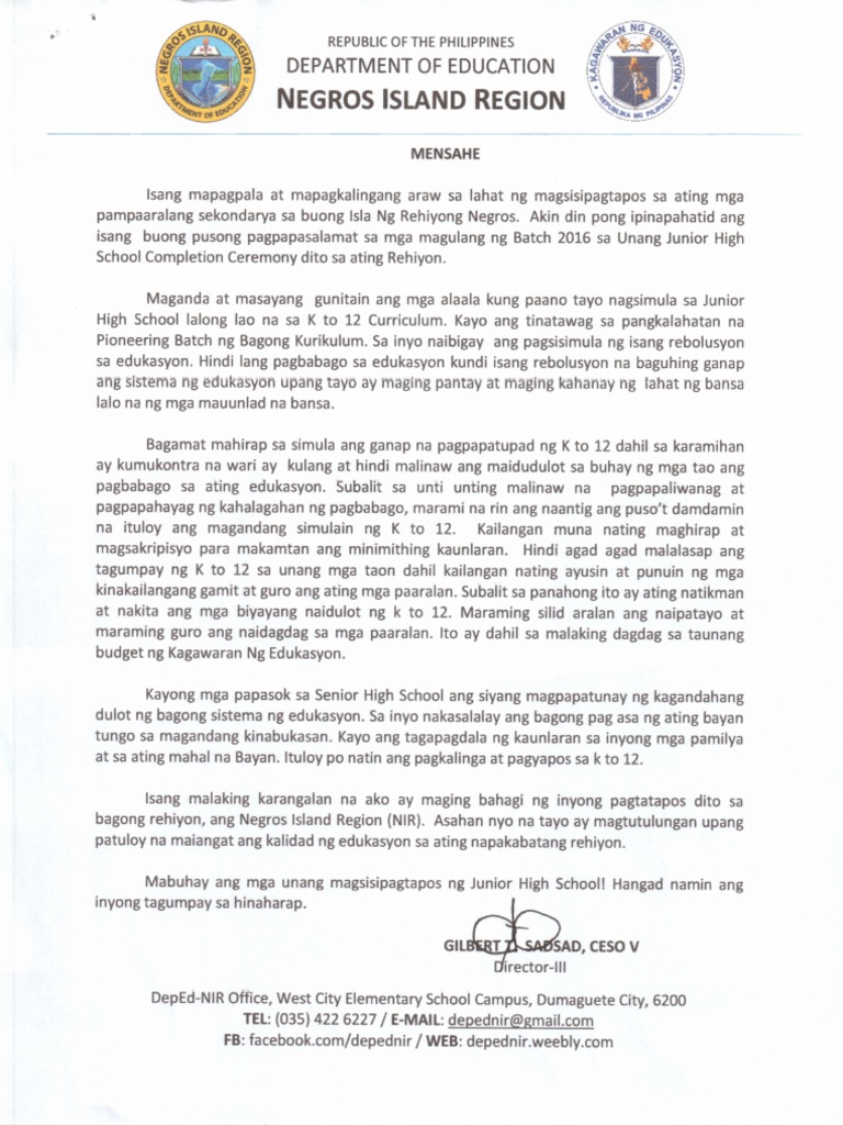 Graduation Message of Director Gilbert T Sadsad | PDF