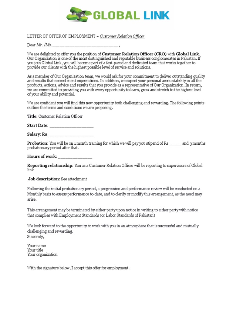 Customer Relation Officer Offer Letter | PDF