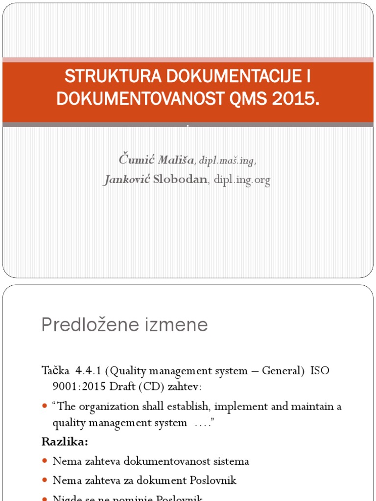7 Struktura Dokumentacije I Dokumentovanost Qms 2015 | PDF