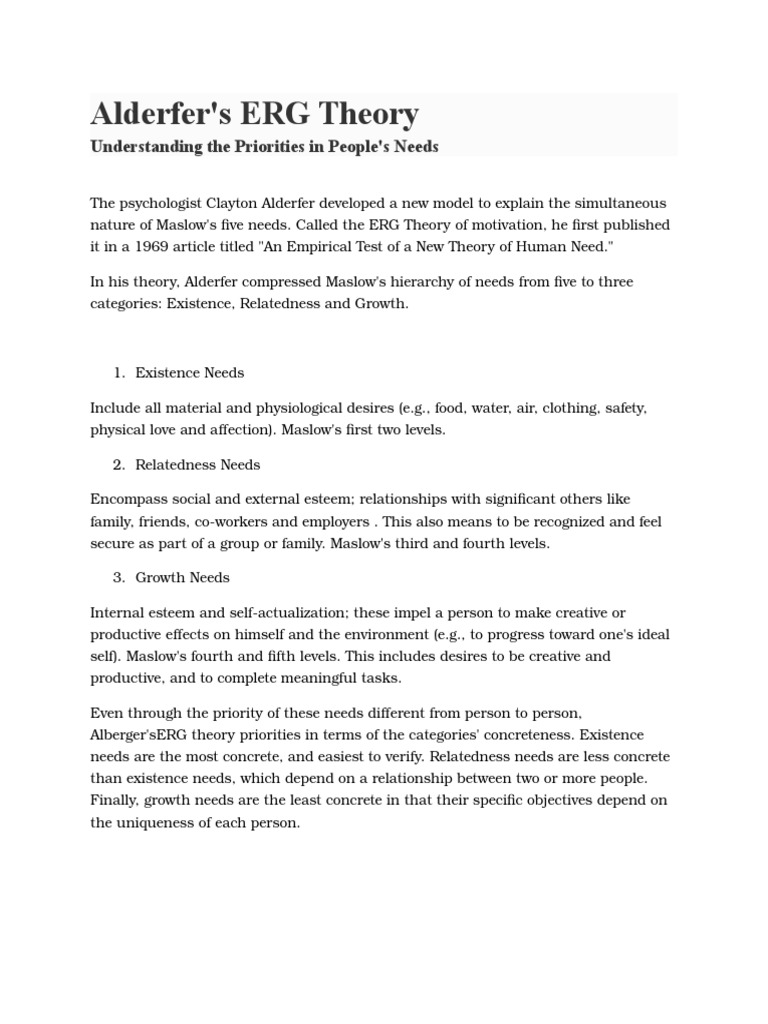Alderfer's ERG Theory Explained | PDF | Self Actualization | Motivation