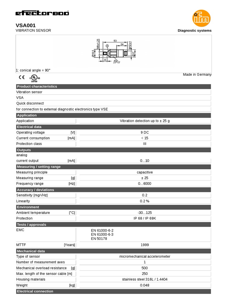 IFM VSA001 Vibration Sensor Datasheet | PDF