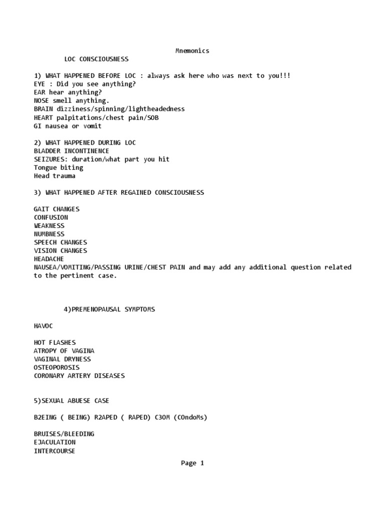 A Comprehensive Guide to Medical Mnemonics for History Taking | PDF ...