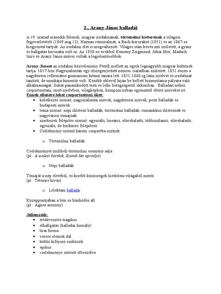 Arany János Balladái Irodalom Tétel | PDF