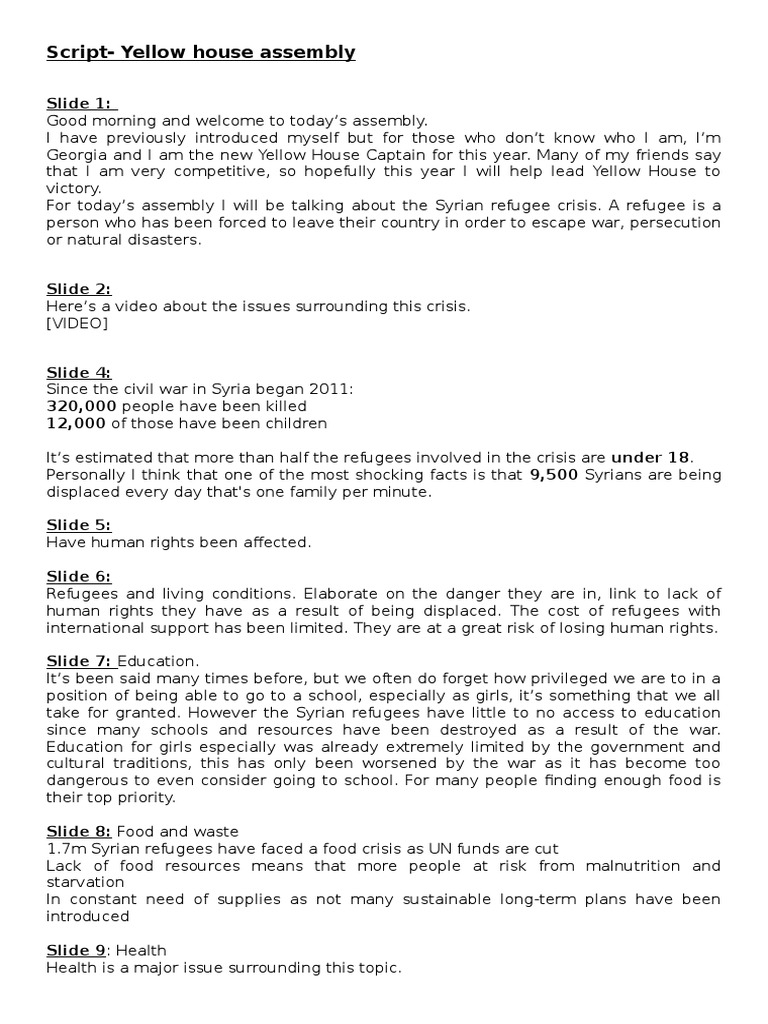 Script-Yellow House Assembly: Slide 1 | PDF | Refugee | Refugees Of The ...