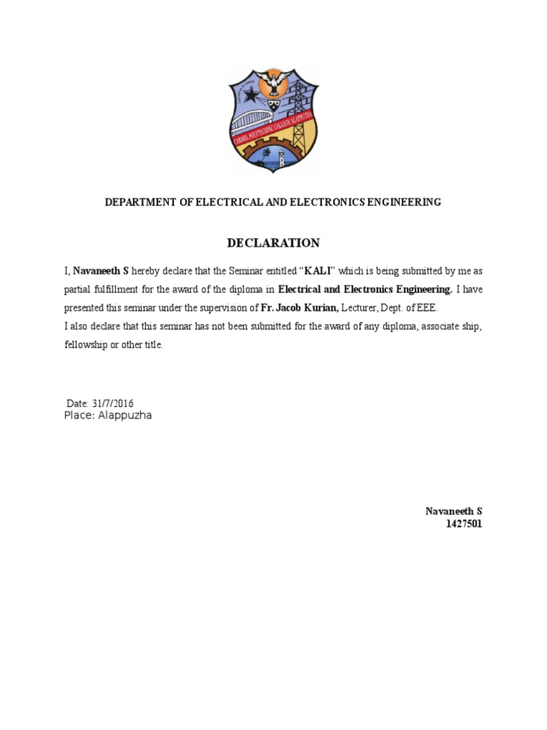 Declaration: Department of Electrical and Electronics Engineering | PDF
