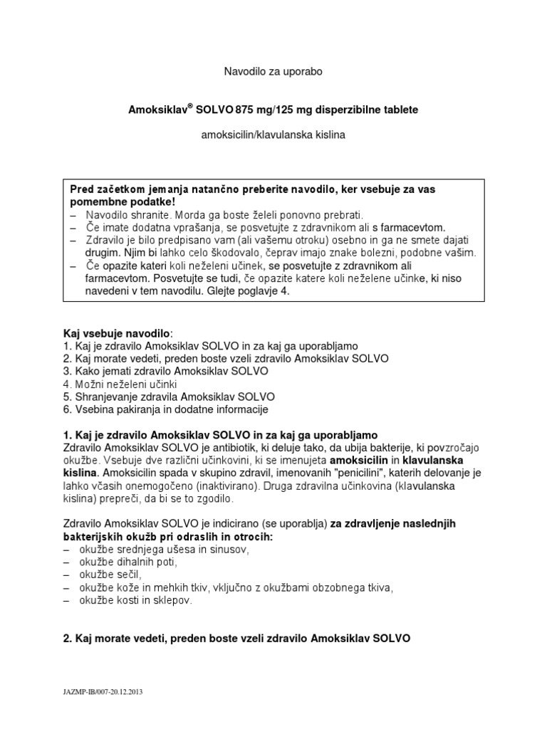 Amoksiklav SOLVO 875mg Na 125mg Disperzibilne Tablete PIL 20.12.2013 ...