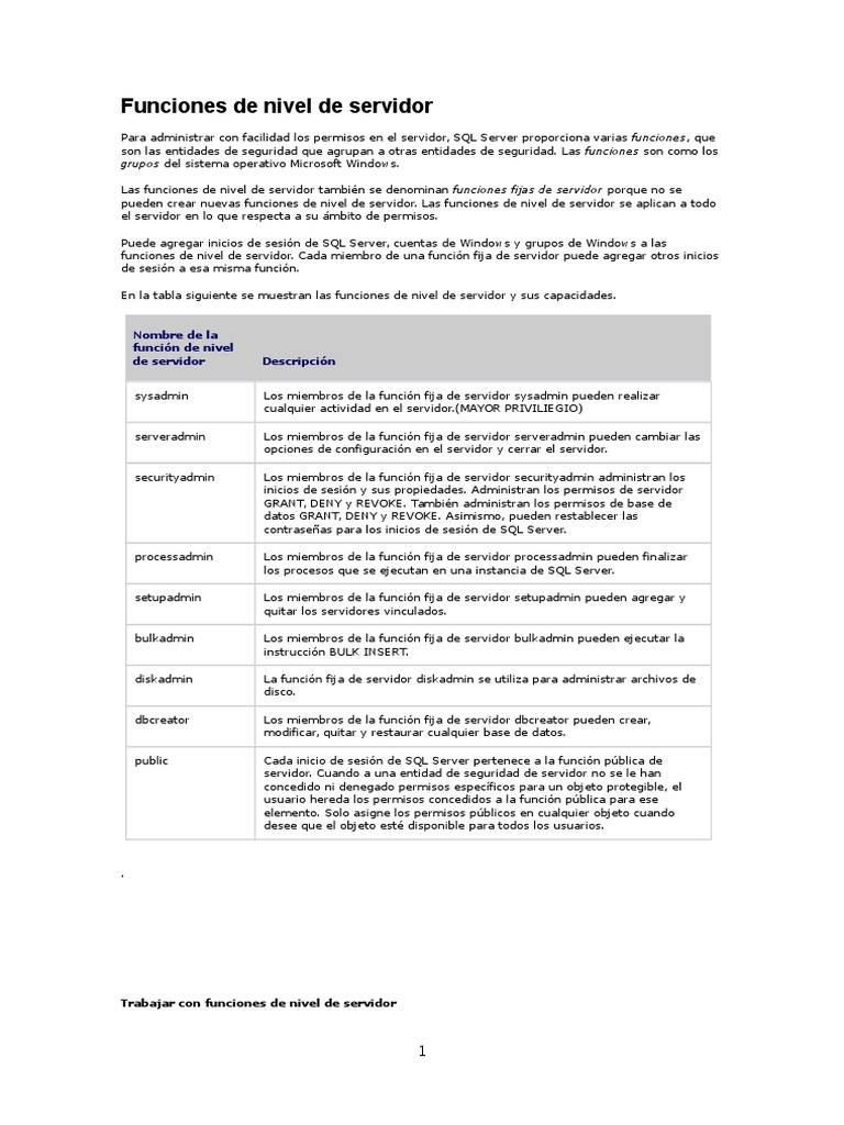 Funciones de Nivel de Servidor | PDF | Servidor SQL de Microsoft | Tabla (base de datos)