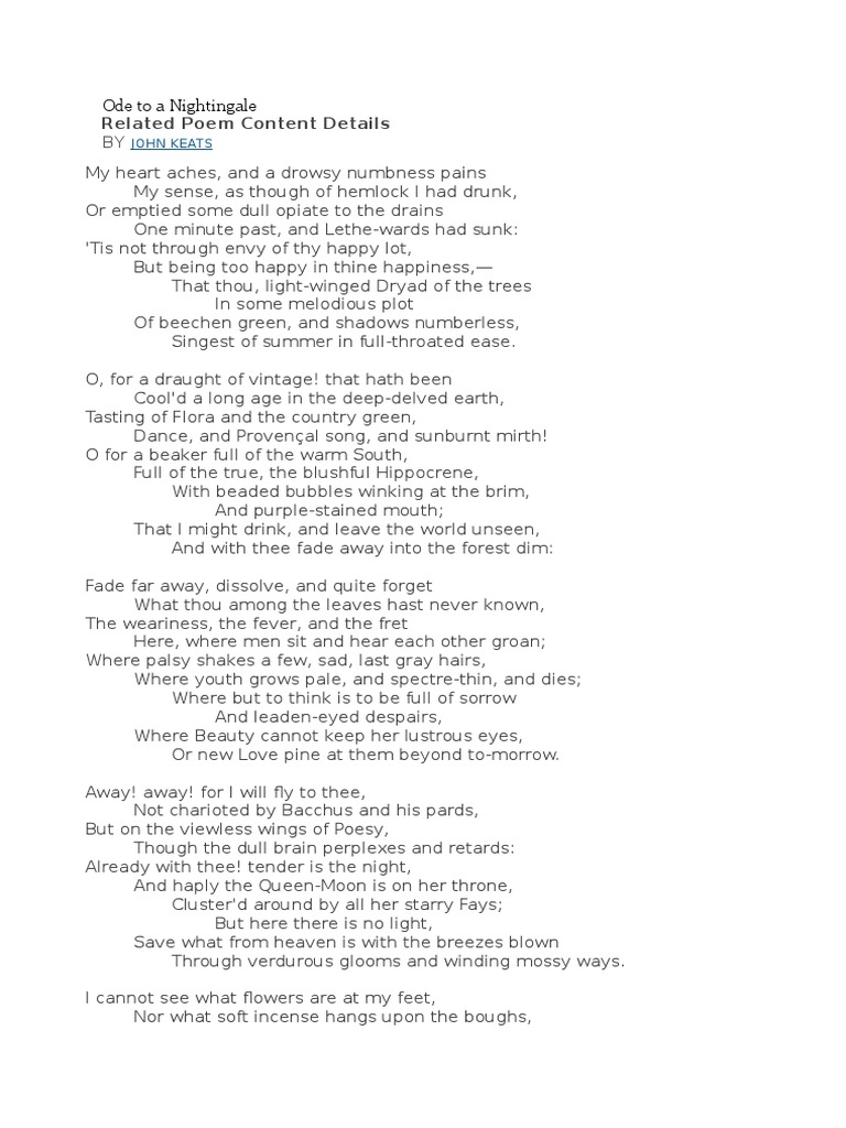 Related Poem Content Details: Ode To A Nightingale | PDF | Poetry