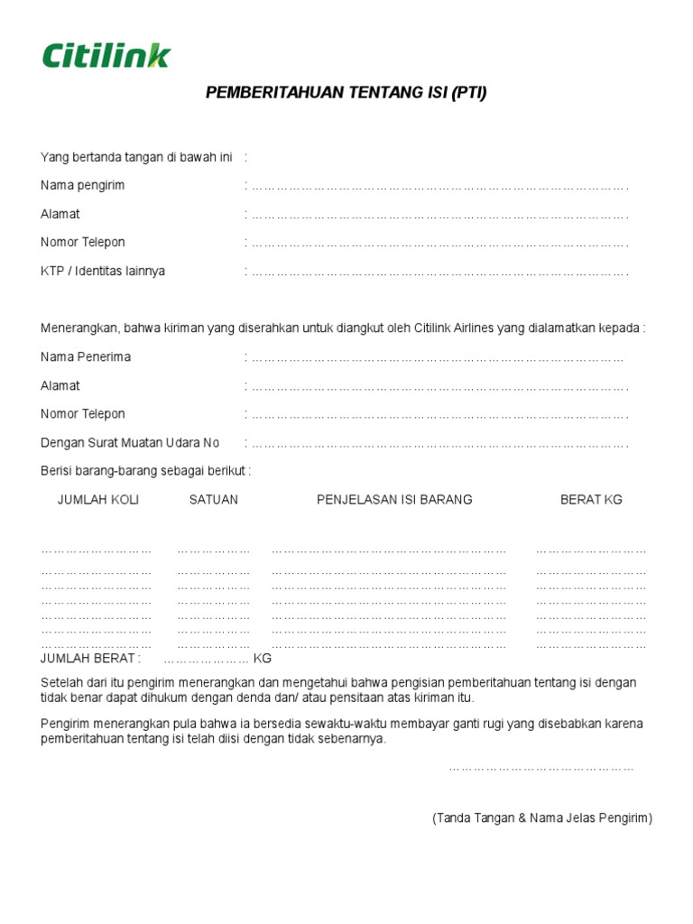 Pemberitahuan Tentang Isi (Pti) Citilink | PDF
