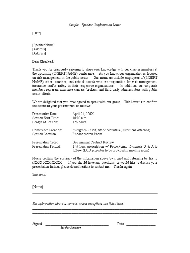 Speaker Confirmation Letter Template | PDF