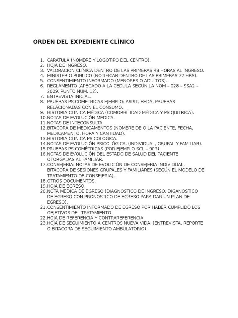 Orden Del Expediente Clínico | PDF | Historial médico | Cuidado de la salud