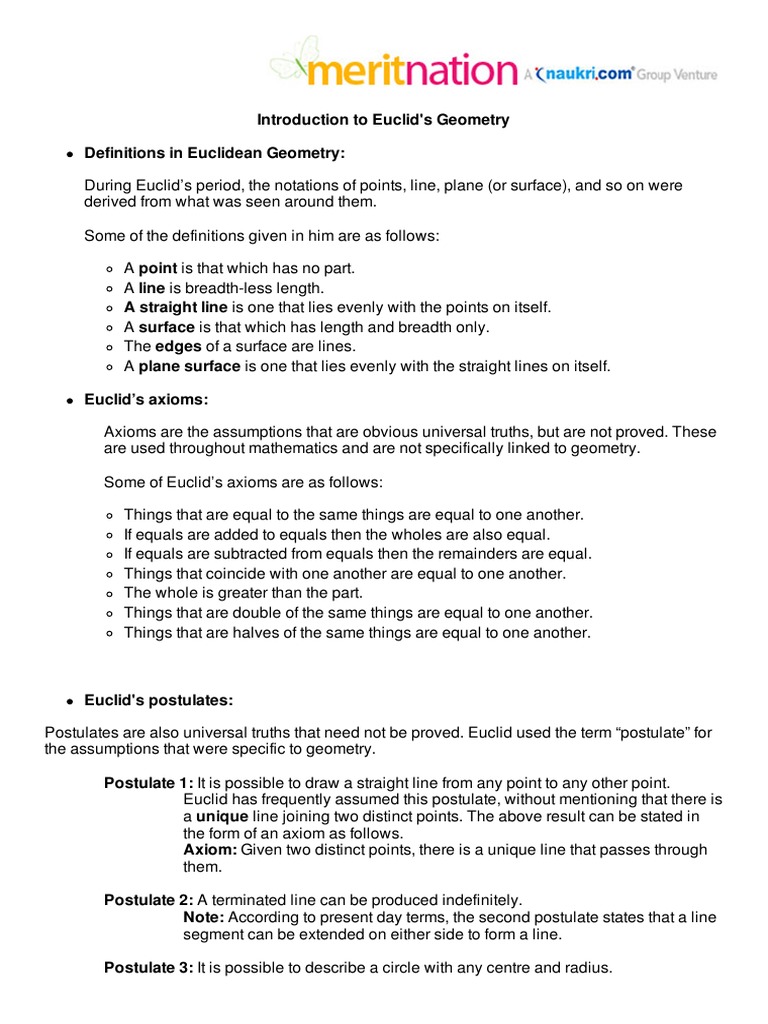 Introduction To Euclid's Geometry | PDF | Axiom | Line (Geometry)