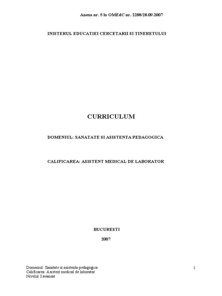 Curriculum Asistent Medical de Laborator PDF | PDF