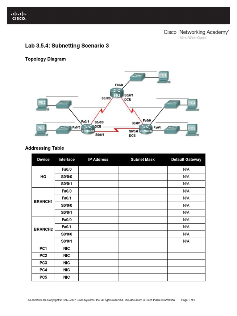 Lab 3.5.4: Subnetting Scenario 3: Topology Diagram | PDF