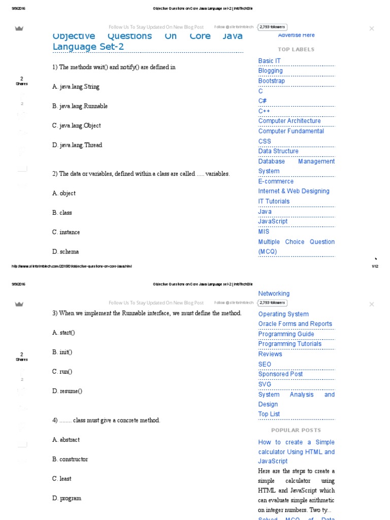 Objective Questions On Core Java Language Set 2 Infotechsite Pdf Java Programming 8309