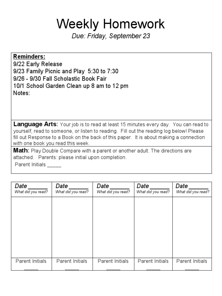 Weekly Homework and Activities Guide | PDF | Language Arts & Discipline