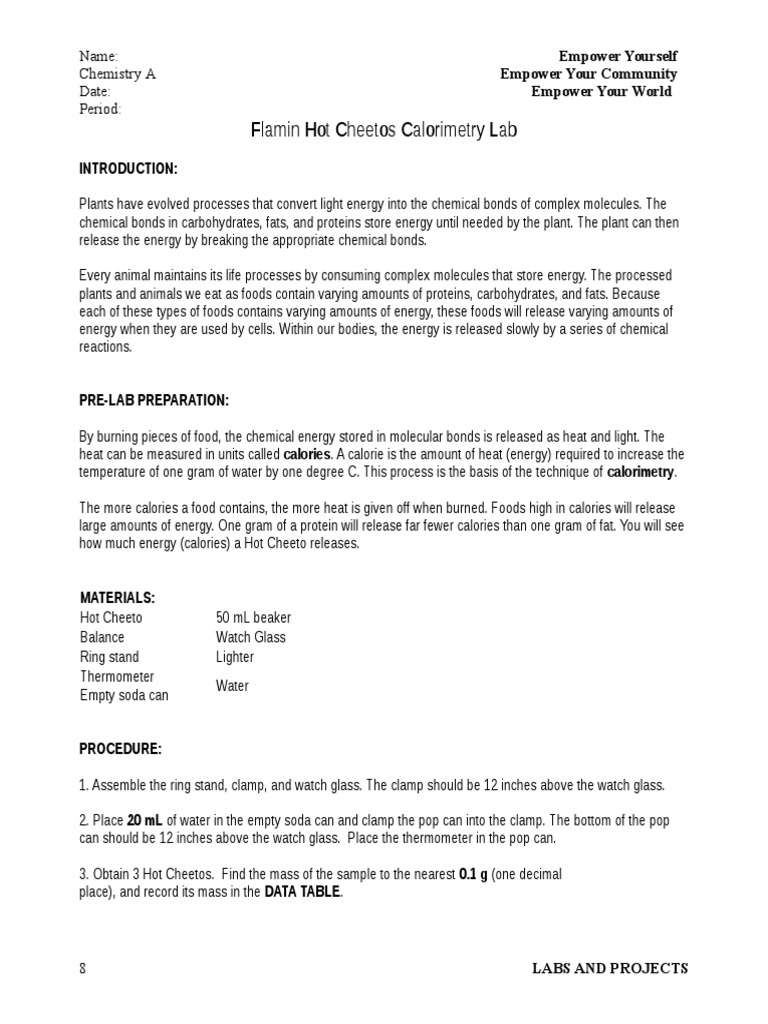 Calorimetry and Cheetos Lab | PDF | Calorie | Thermodynamics