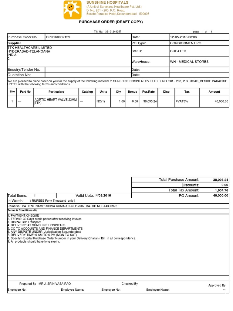 Purchase Order (Draft Copy) : Enquiry/Tender No: Quotation No | PDF